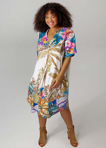 Aniston Plus Palm Tree Floral Print Tunic Dress | Curvissa