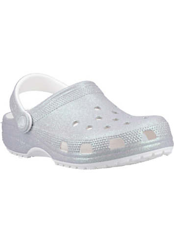 Crocs White Unisex Classic Glitter Clogs | Curvissa
