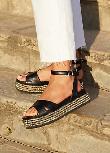 Linzi Fiesta Black Faux Leather Crossover Flatform Sandals with Beaded ...