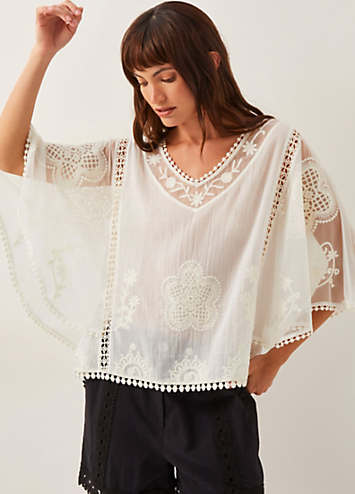 Monsoon Lena Sheer Embroidered Angel Sleeve Top | Curvissa