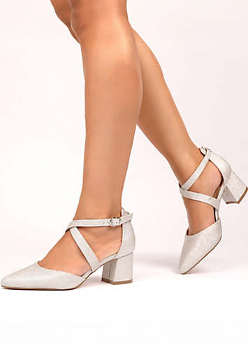 Paradox London Farrah Silver Shimmer Mid Block Heel Cross Strap Court ...