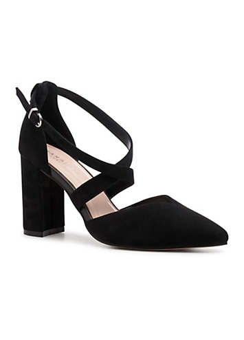 Paradox London Finula Black Wide Fit Cross Strap Block Heel Court Shoes ...