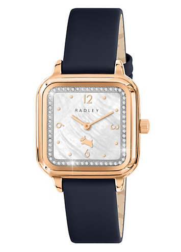 Radley London Square Rose Gold Plated Ink Blue Leather Strap Watch ...