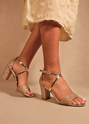 Where’s That From Ruth Gold Glitter Block Heel Sandals | Curvissa