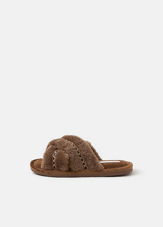 Accessorize Fluffy Braid Crossover Slide Slippers | Curvissa