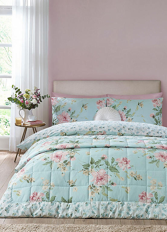 Catherine Lansfield Avebury Floral Duck Egg Bedspread | Curvissa