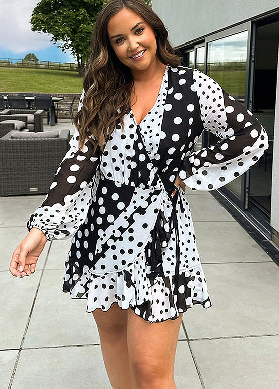In The Style x Jac Jossa Black Polka Dot Contrast Frill Wrap Mini Dress ...