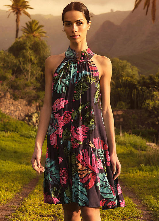 Monsoon Bria Palm Print Halter Dress in Sustainable Viscose | Curvissa