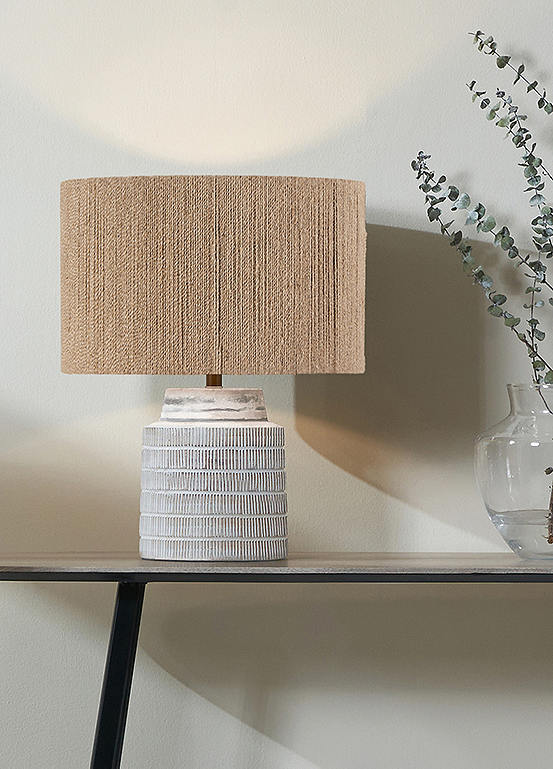 Paihia White Wash Wood Textured Short Table Lamp with Issa Natural Rope ...