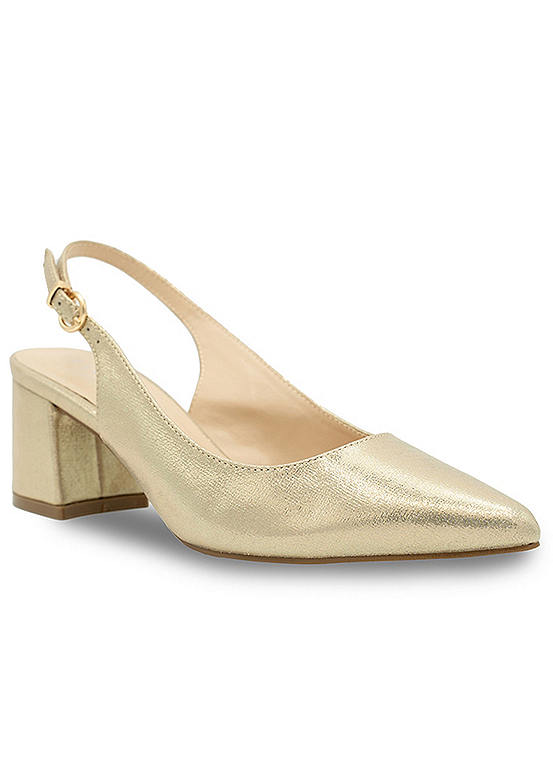 Paradox London Champagne Shimmer Wide Fit Mid Block Heel Sling Back Court Shoes | Curvissa