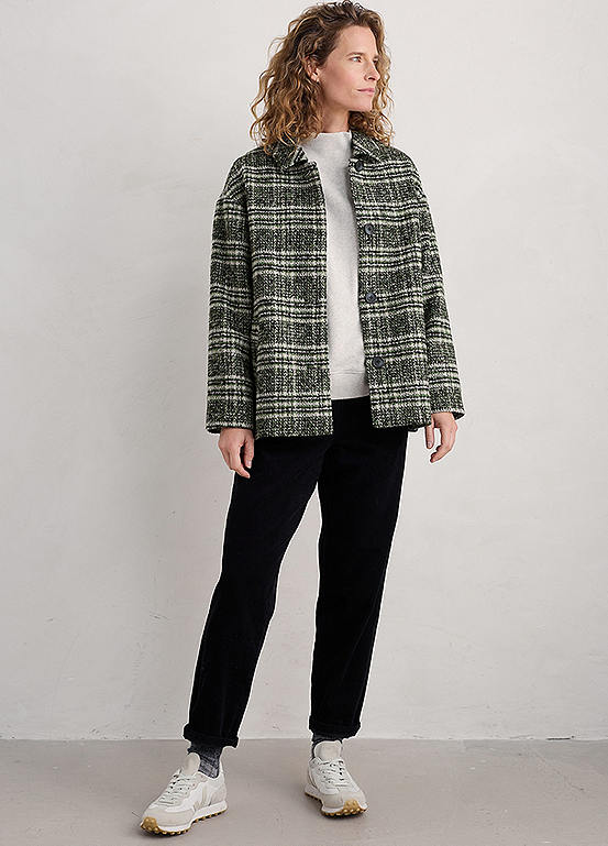 Seasalt Cornwall Black Beamwind Checked Wool Blend Coat | Curvissa