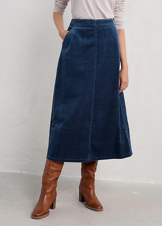 Seasalt Cornwall Navy Window Wren Cord Midi Skirt | Curvissa