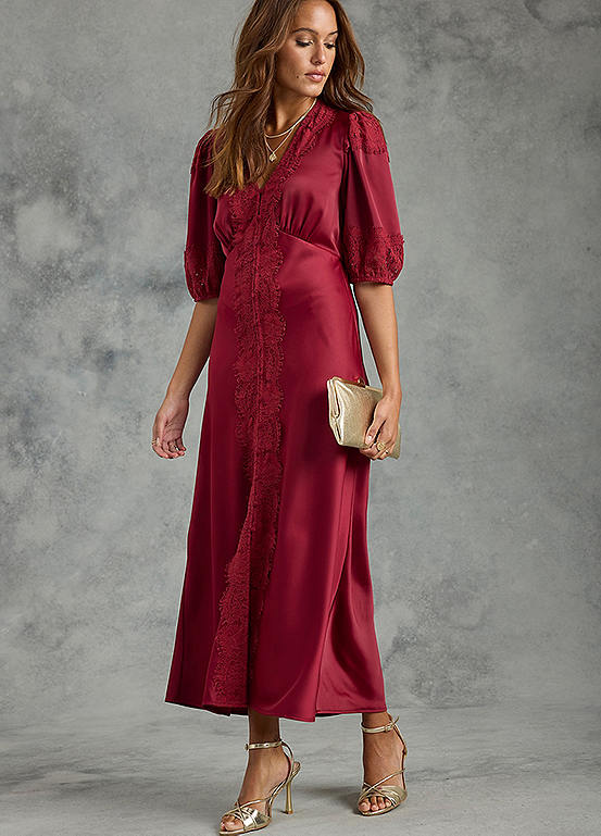 Together Deep Red Lace Trim Satin Midaxi Dress | Curvissa
